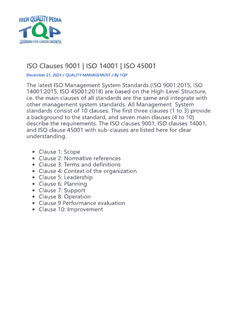 ISO Clauses 9001 - ISO 14001 - ISO 45001 | PDF