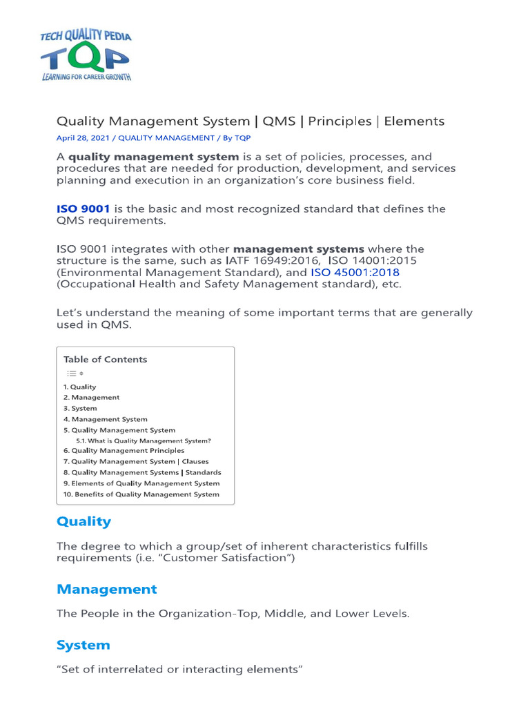 Quality Management System - QMS - Principles - Elements | PDF