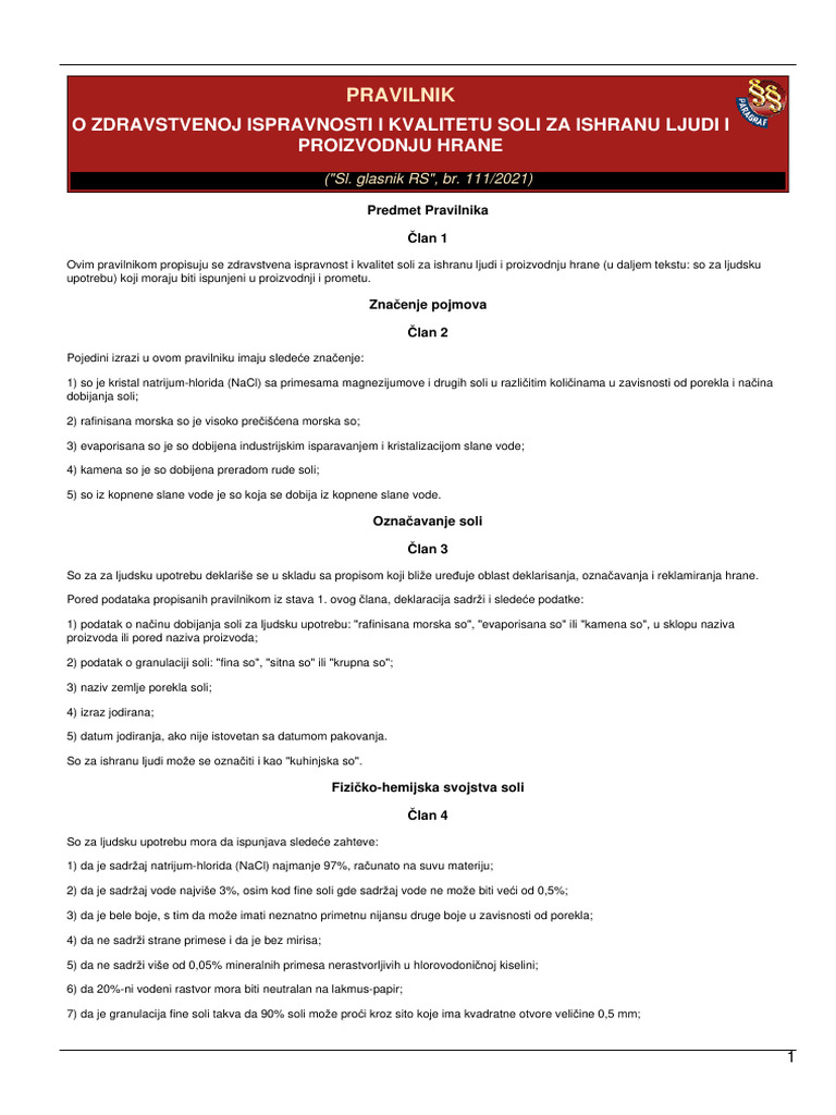 Pravilnik o Zdravstvenoj Ispravnosti I Kvalitetu Soli Za Ishranu Ljudi I Proizvodnju Hrane | PDF