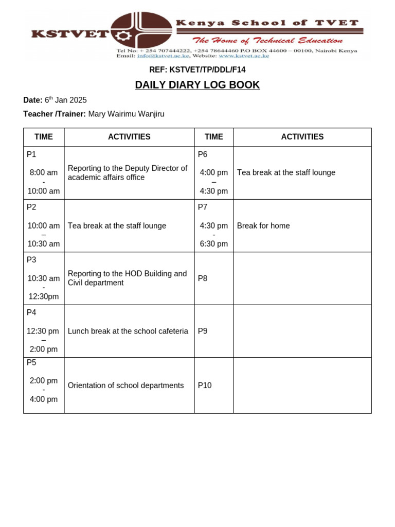 Daily Diary Logbook - Week 1 | PDF