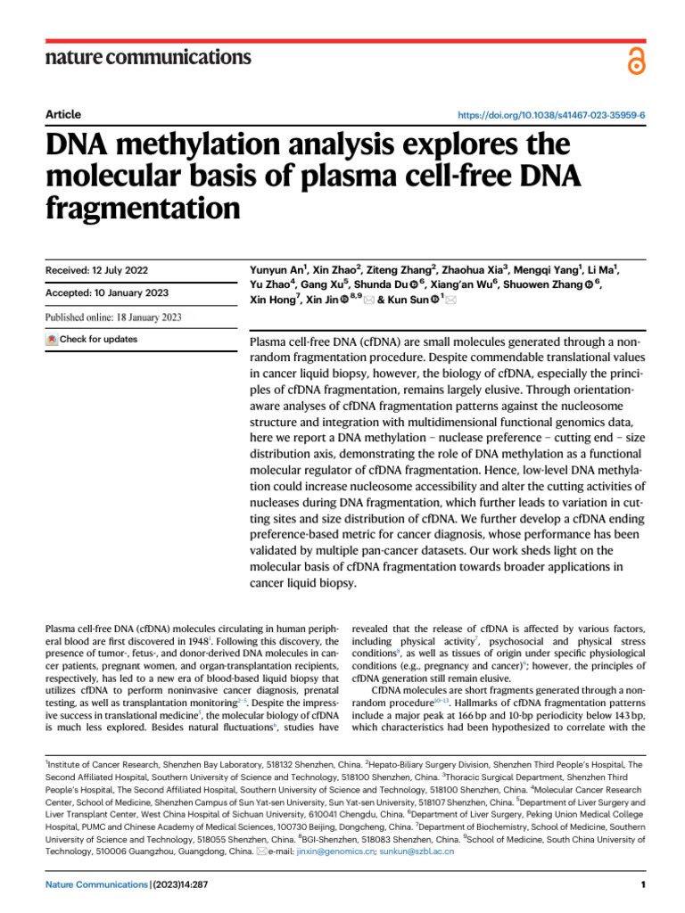 DNA Methylation Analysis Explores The Molecular Basis of Plasma Cell-Free DNA Fragmentation ...