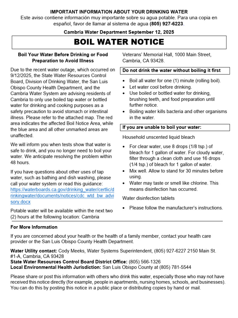 Cambria Boil Water Notice - Sept 2025 | PDF | Water | Boiling