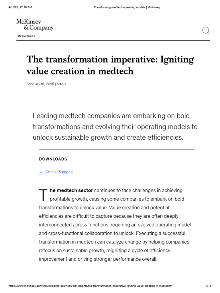 Transforming Medtech Operating Models - McKinsey | PDF | Supply Chain | Innovation
