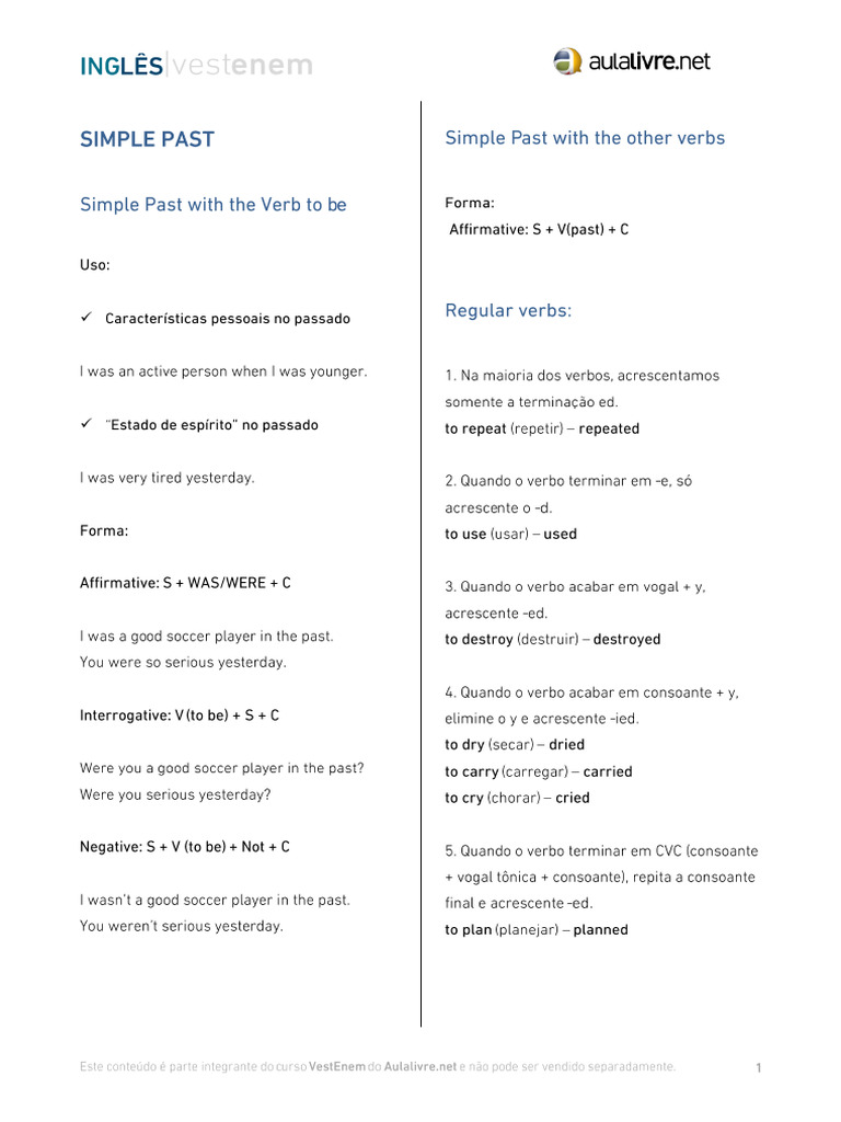 Apostila Verb Tenses II Simple Past Verb To Be | PDF