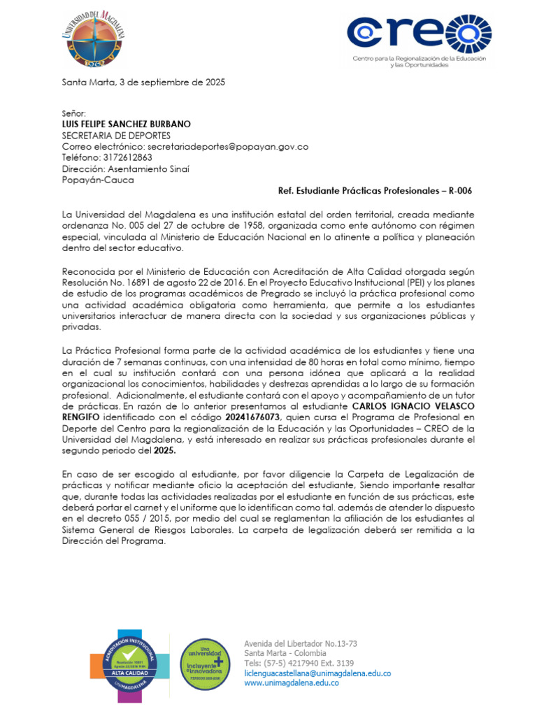 1 - Carta de Practicas Carlos Ignacio Velasco | PDF