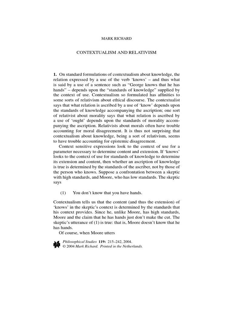 Contextualism vs. Relativism in Knowledge | PDF | Philosophical ...