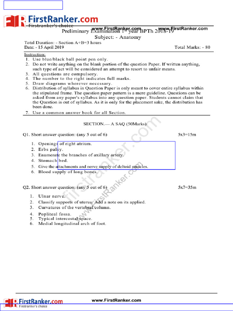 FR Anatomy Question Paper | PDF