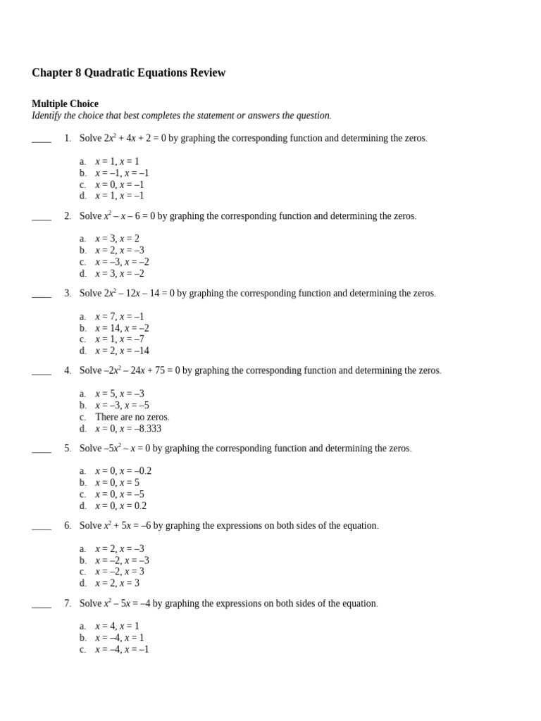 Chapter 8 Quadratic Equations Review | PDF | Quadratic Equation | Factorization