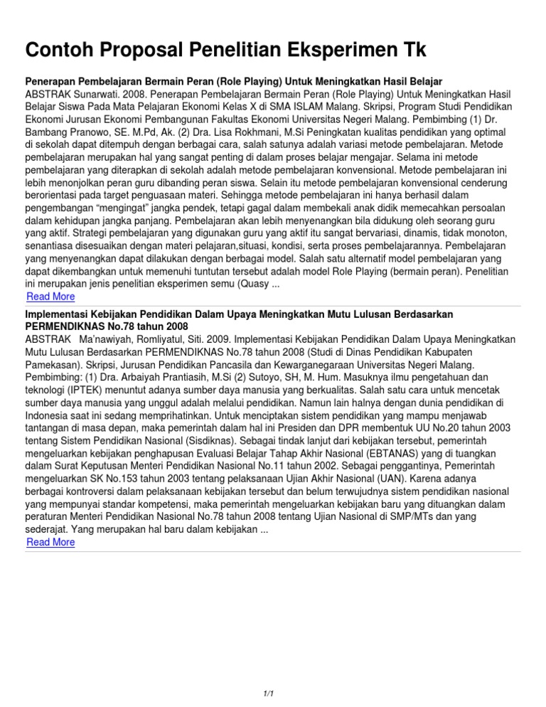 Contoh Proposal Penelitian Eksperimen TK | PDF | Karier & Perkembangan