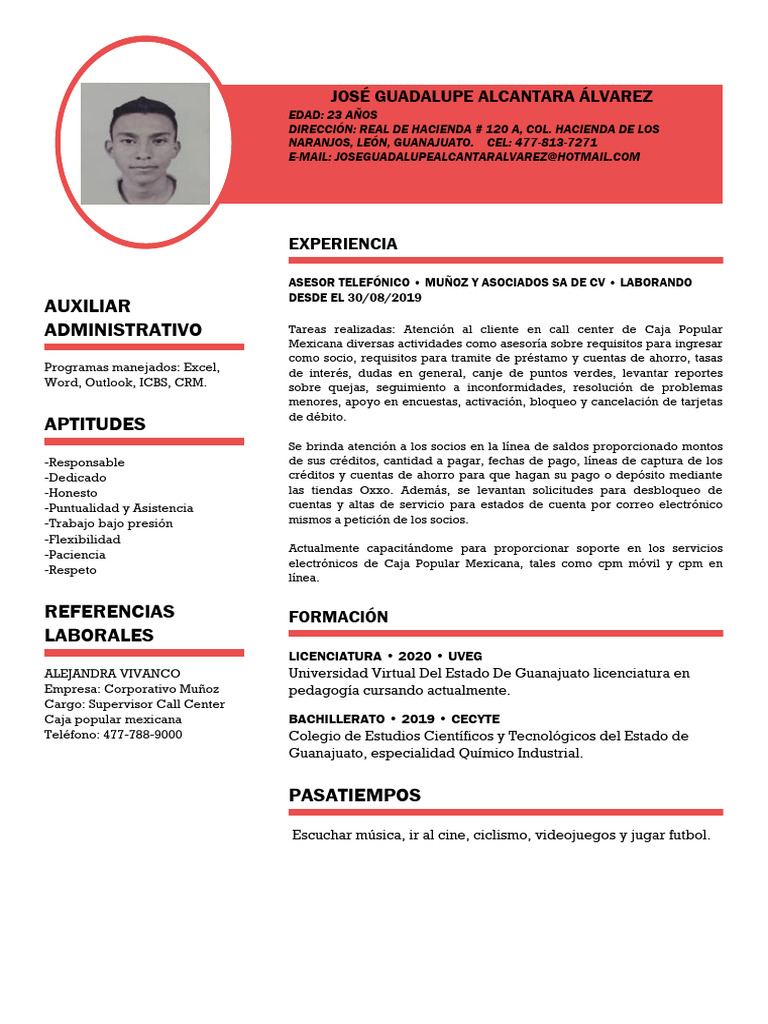 CV Jos É Guadalupe Alcantar Álvarez | PDF | Centro de llamadas