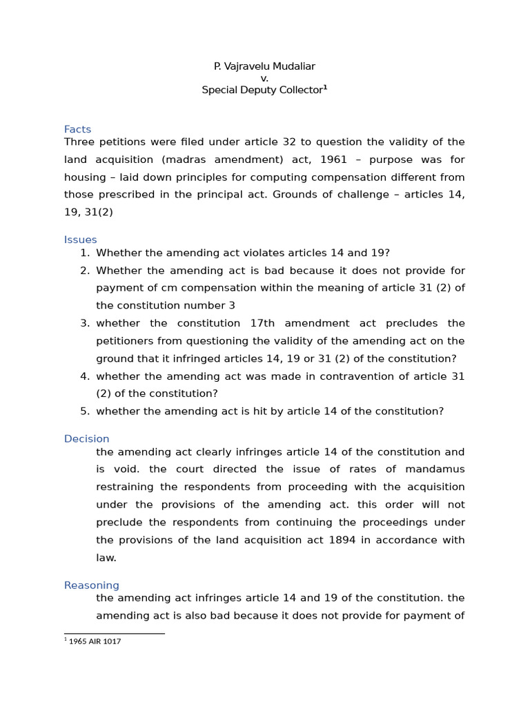 P. Vajravelu Mudaliar v. Special Deputy Collector | PDF