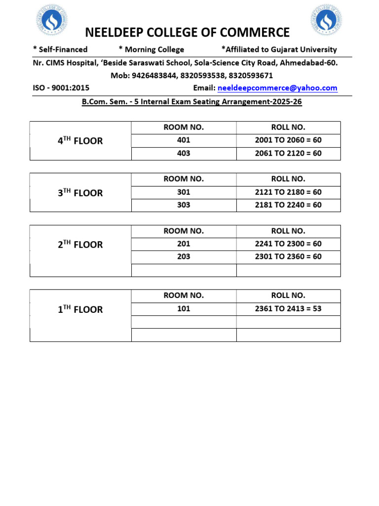 Sem. 5 College Internal Exam Seating Arrangement 2025-26 | PDF