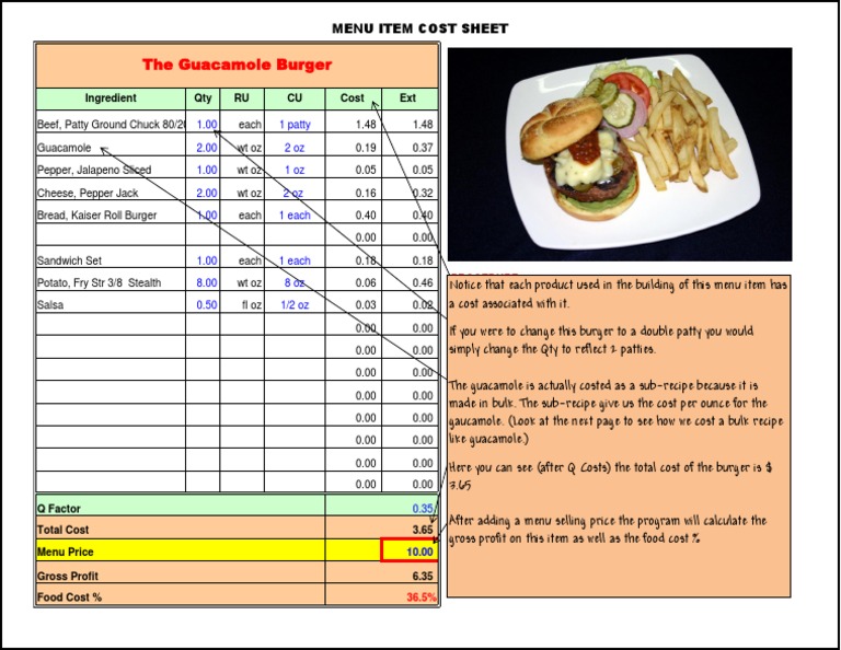 Menu Item Cost Sheet | PDF | Cooking, Food & Wine