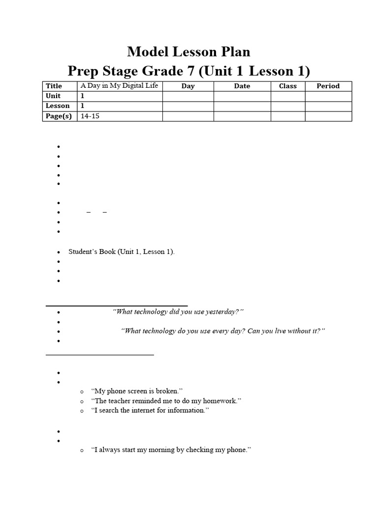 Model Lesson Plan Grade 1 Prep Unit1 Lesson1 | PDF | Adverb | Lesson Plan