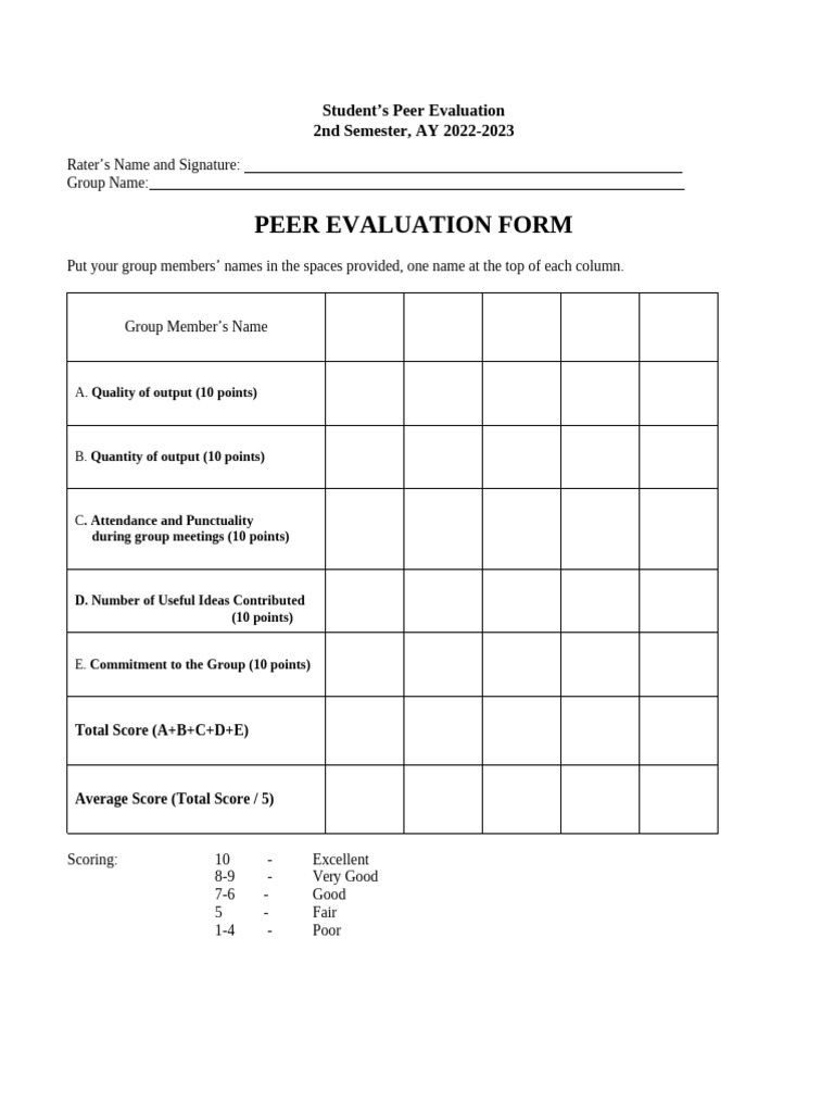 Student Peer Evaluation Form 2023 | PDF
