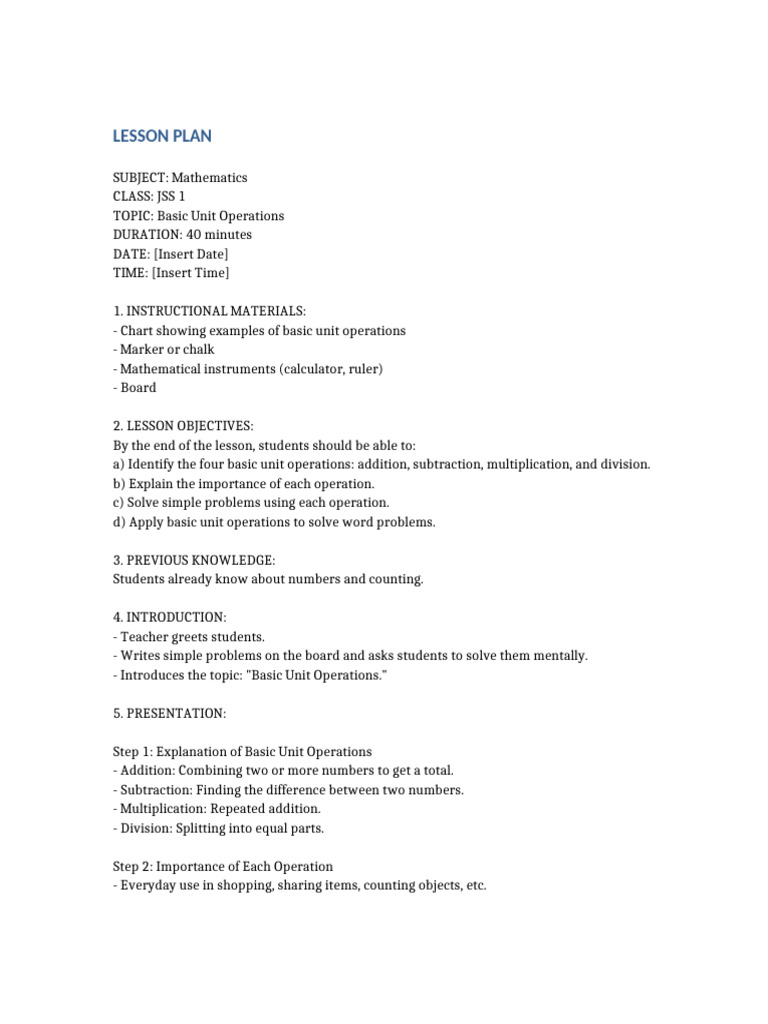 JSS 1 Mathematics: Basic Unit Operations | PDF