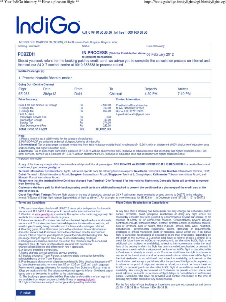 IndiGo Flight Itinerary and Details | PDF | Fee | Aviation