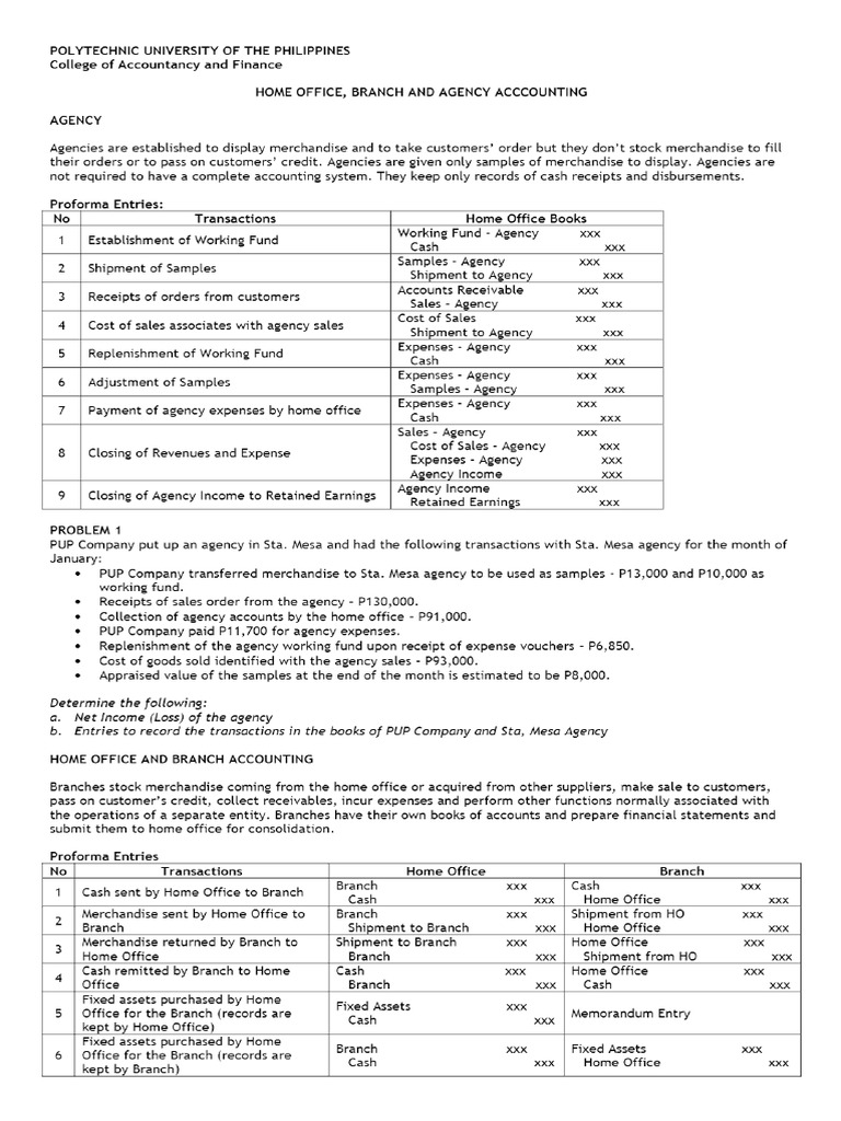 Home Office Branch Agency Accounting Problems | PDF