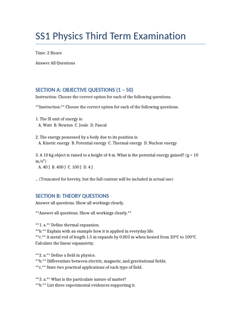 SS1 Physics Third Term Exam | PDF