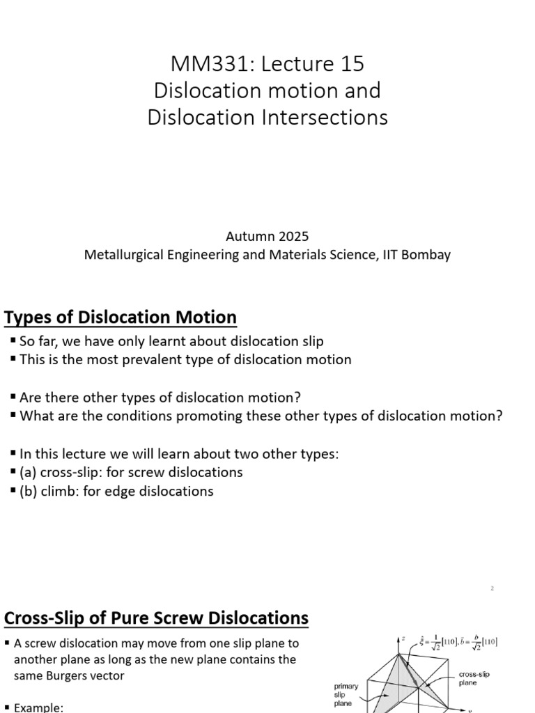 MM331 - Lecture 15-Dislocation Motion and Intersections | PDF | Dislocation | Physical Chemistry