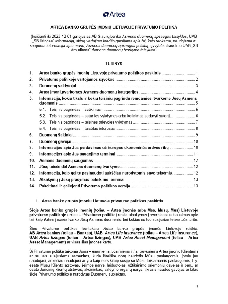 Artea Banko Grupes Imoniu Lietuvoje Privatumo Politika | PDF