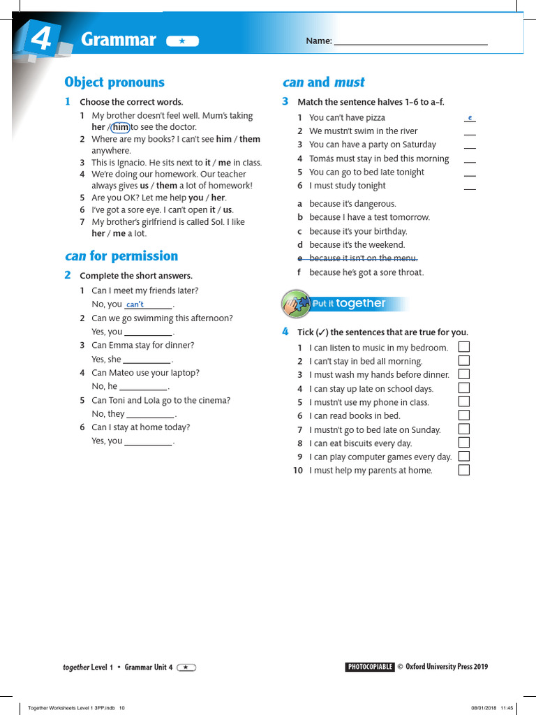 Assets Download Worksheets Together 1 Worksheets Unit4 | PDF | Linguistics | Grammar