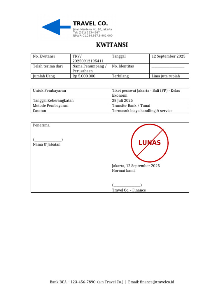 Kwitansi Pembayaran Tiket Pesawat | PDF