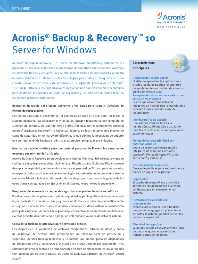 Acronis® Backup & Recovery™ 10 Server For Windows | PDF | Apoyo ...