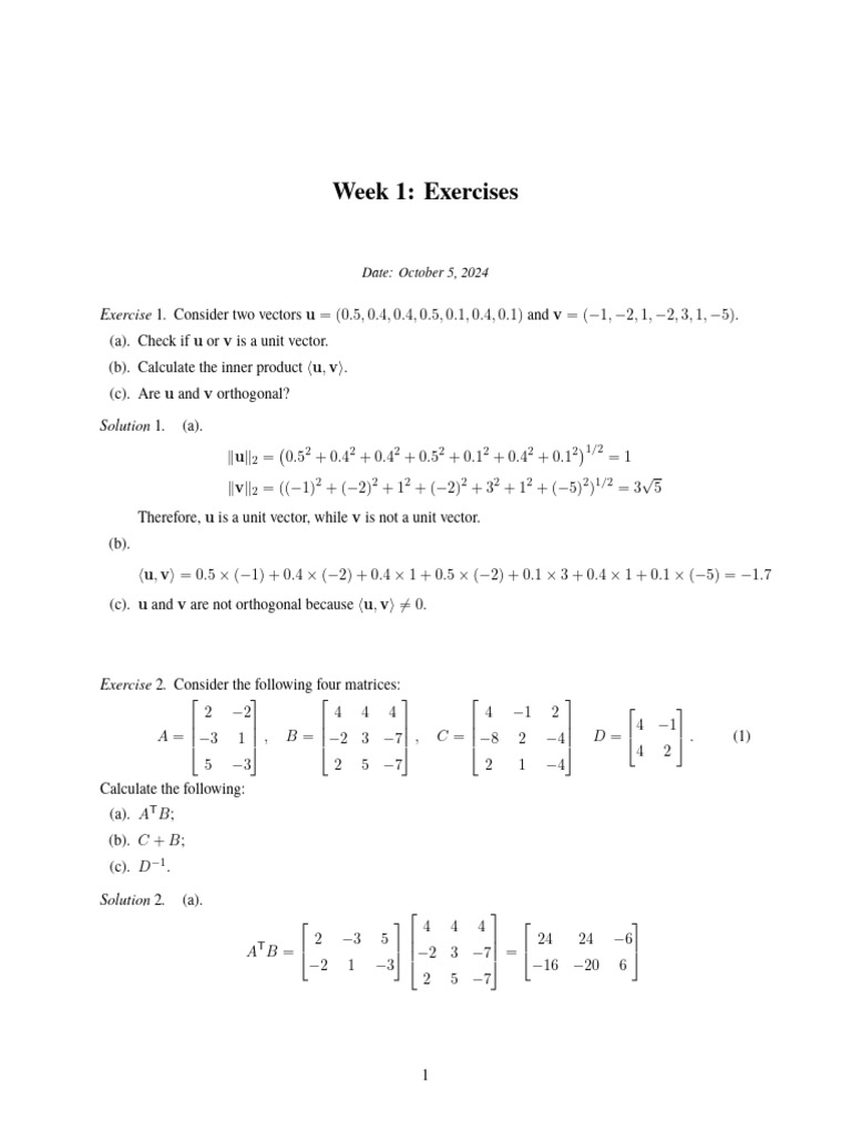 Week 1 Linear Algebra Exercises | PDF | Linear Algebra | Mathematical ...