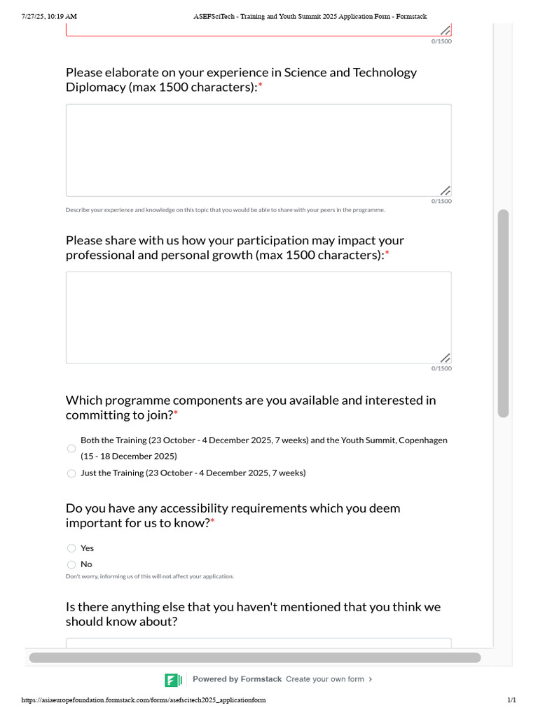 ASEFSciTech - Training and Youth Summit 2025 Application Form - Formstack | PDF