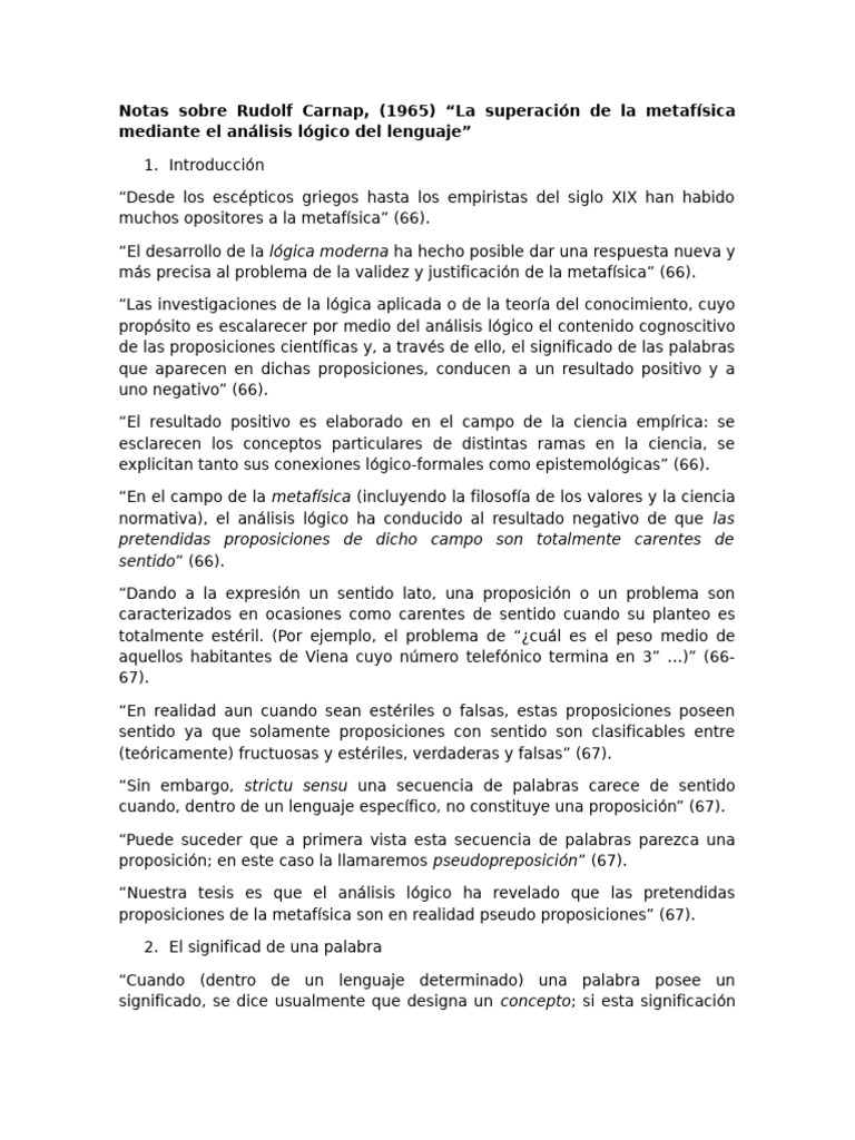 Análisis lógico de la metafísica según Carnap | PDF | Proposición ...