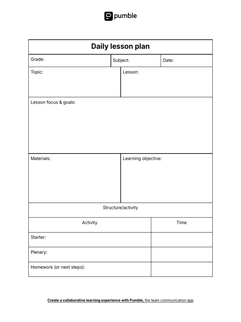 Daily Lesson Plan Template Print Friendly Version | PDF