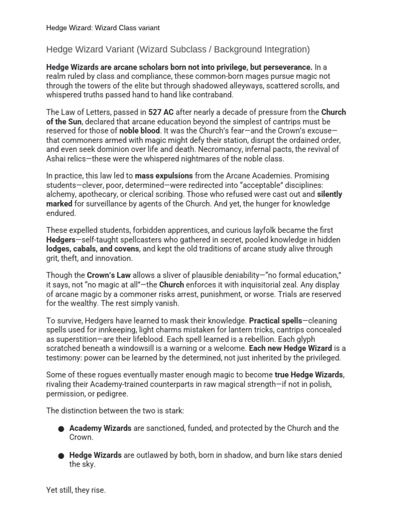 Hedge Wizard Class Overview | PDF | Magician (Fantasy)