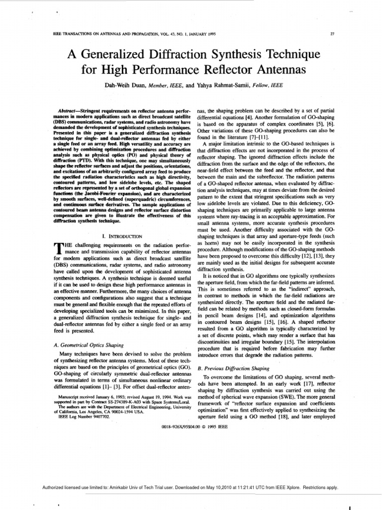 A Generalized Diffraction Synthesis Technique For High Performance Reflector Antennas | PDF ...
