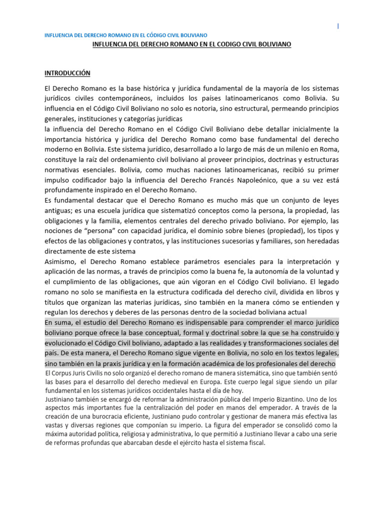 Influencia Del Derecho Romano en El Codigo Civil Boliviano | PDF | Ley ...