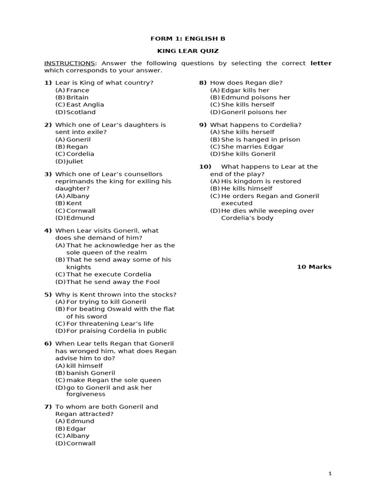 King Lear Multiple Choice Quiz | PDF