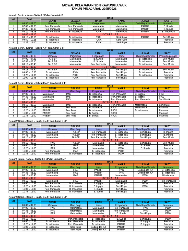 Jadwal Pelajaran SDN KWK 2025-2026 | PDF