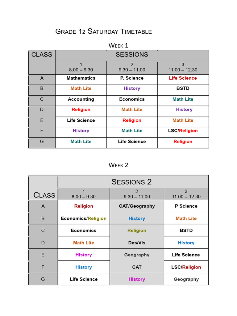 Grade 12 Saturday Timetable - 010430 | PDF
