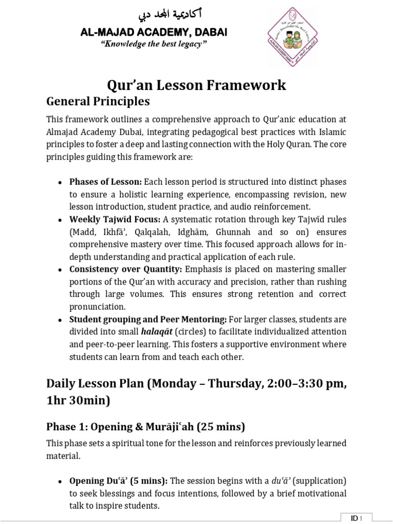 ALMAJAD Quran Lesson Framework Refined ENG | PDF | Learning | Teachers