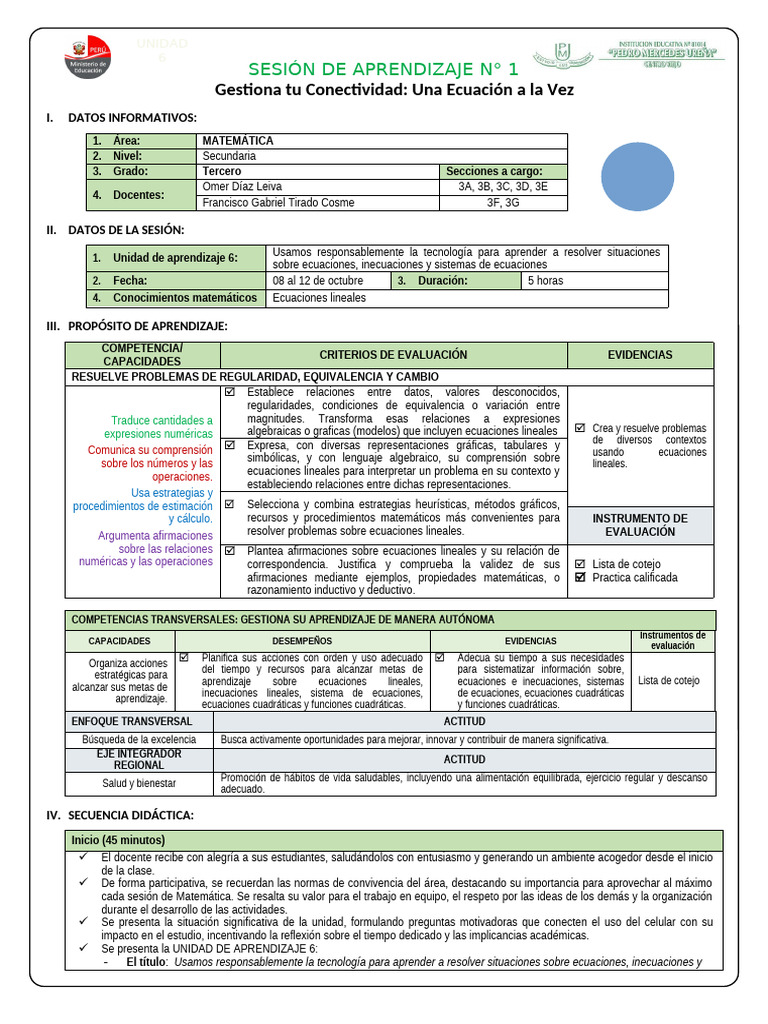 3° MATE - UNIDAD 6 - Sesion 1 | PDF | Ecuaciones | Aprendizaje