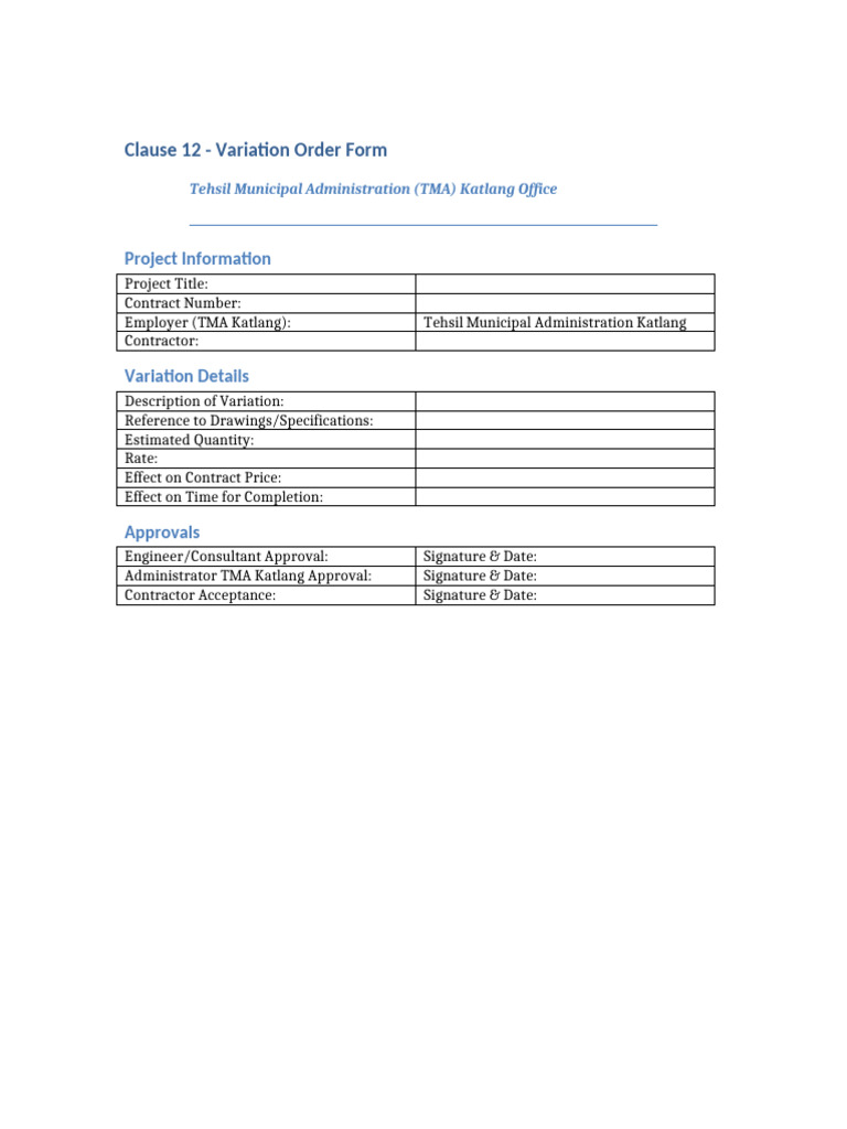 Clause 12 Variation Order Form TMA Katlang | PDF