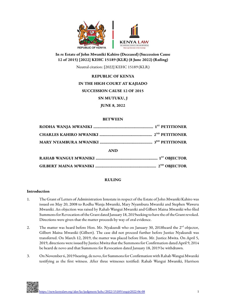 In Re Estate of John Mwaniki Kahiro (Deceased) (Succession Cause ...