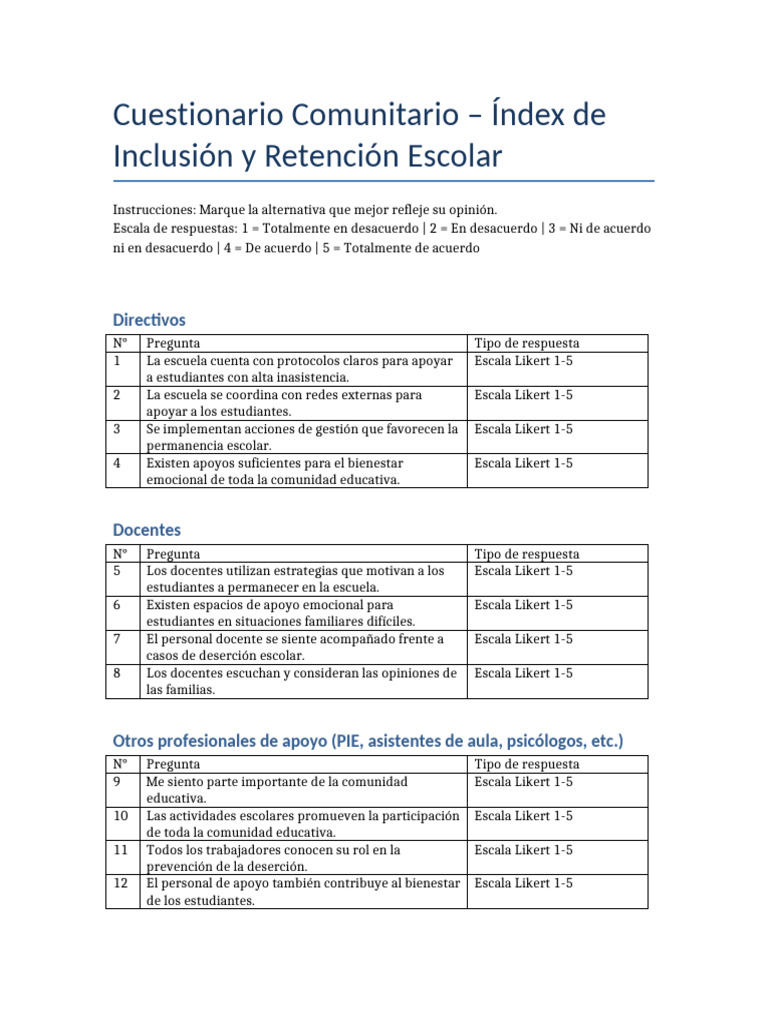 Cuestionario de Inclusión Escolar | PDF | Escala Likert | Escuelas