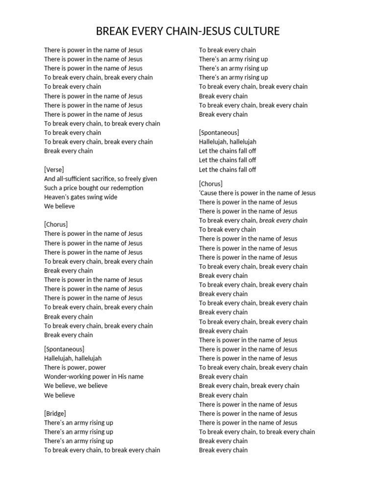 Break Every Chain: Jesus Culture | PDF | Christian Belief And Doctrine ...