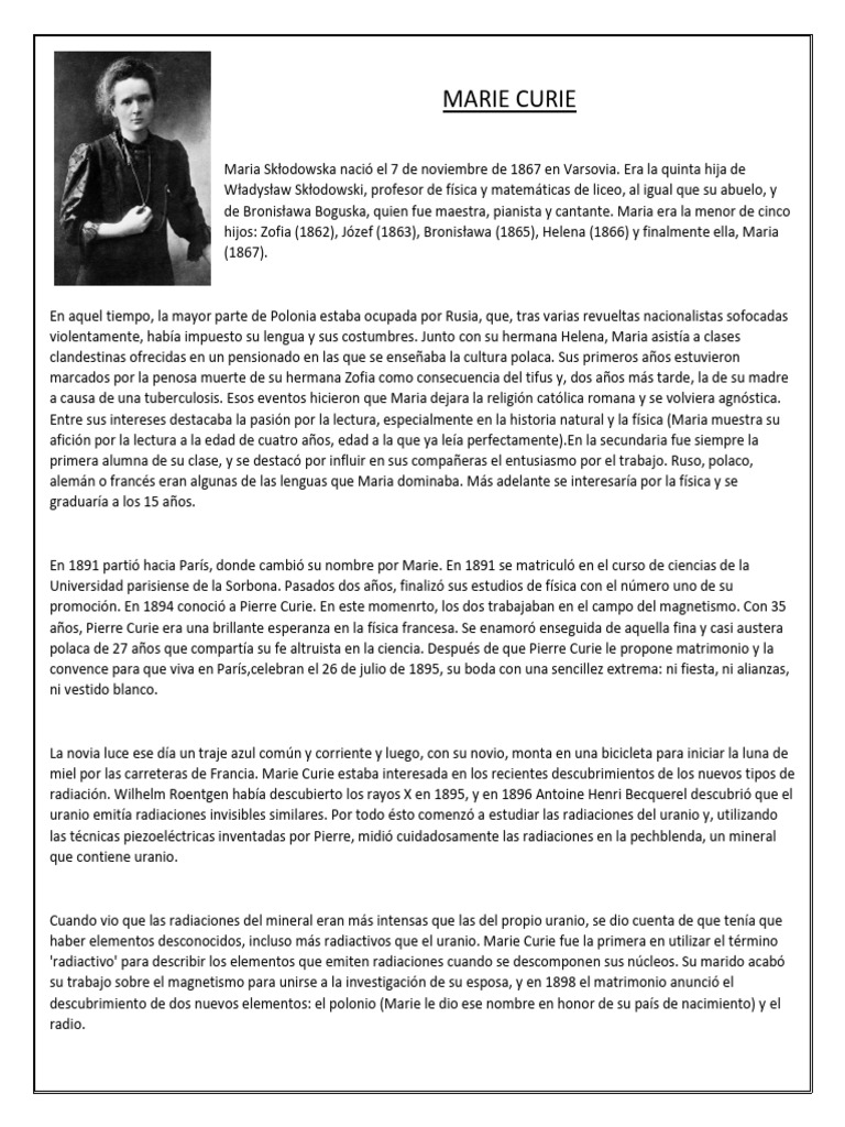 Marie Curi Biografia | PDF | Marie Curie | Desintegración radioactiva