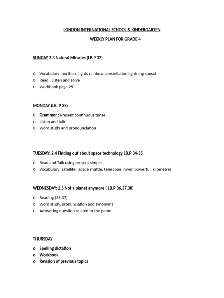 Grade 4 Weekly Plan: Space & Grammar | PDF