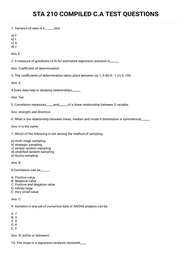 STA 210 C.A Test Questions Overview | PDF | Chi Squared Test | Variance