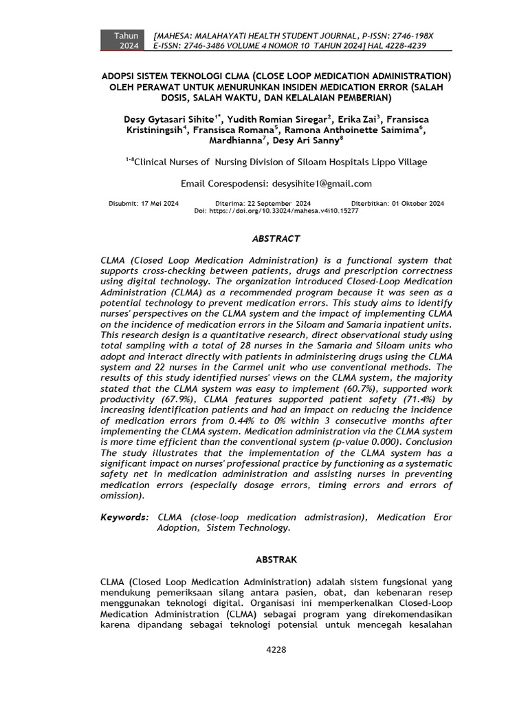 Adopsi Sistem Teknologi Clma (Close Loop Medication Administration) | PDF