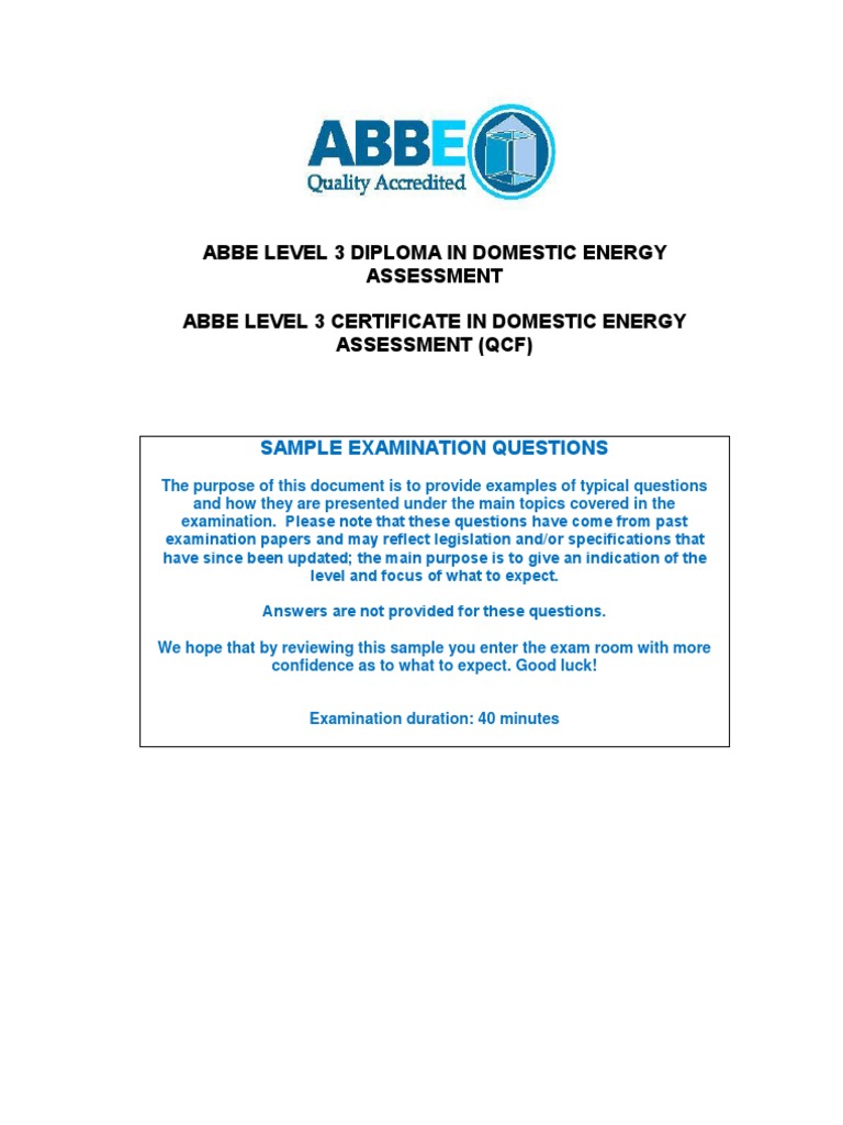 DEA Level 3 Sample Examination Questions | PDF | Water Heating | Lighting