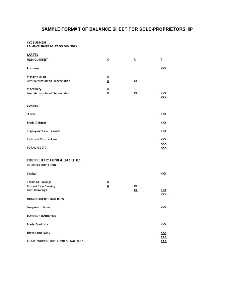 Balance Sheet Format for Sole Proprietorship | PDF | Finance & Money ...